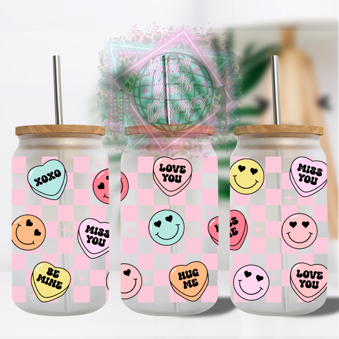 Checkered Convo Hearts 16oz Glass Can – BossyBootsDesigns