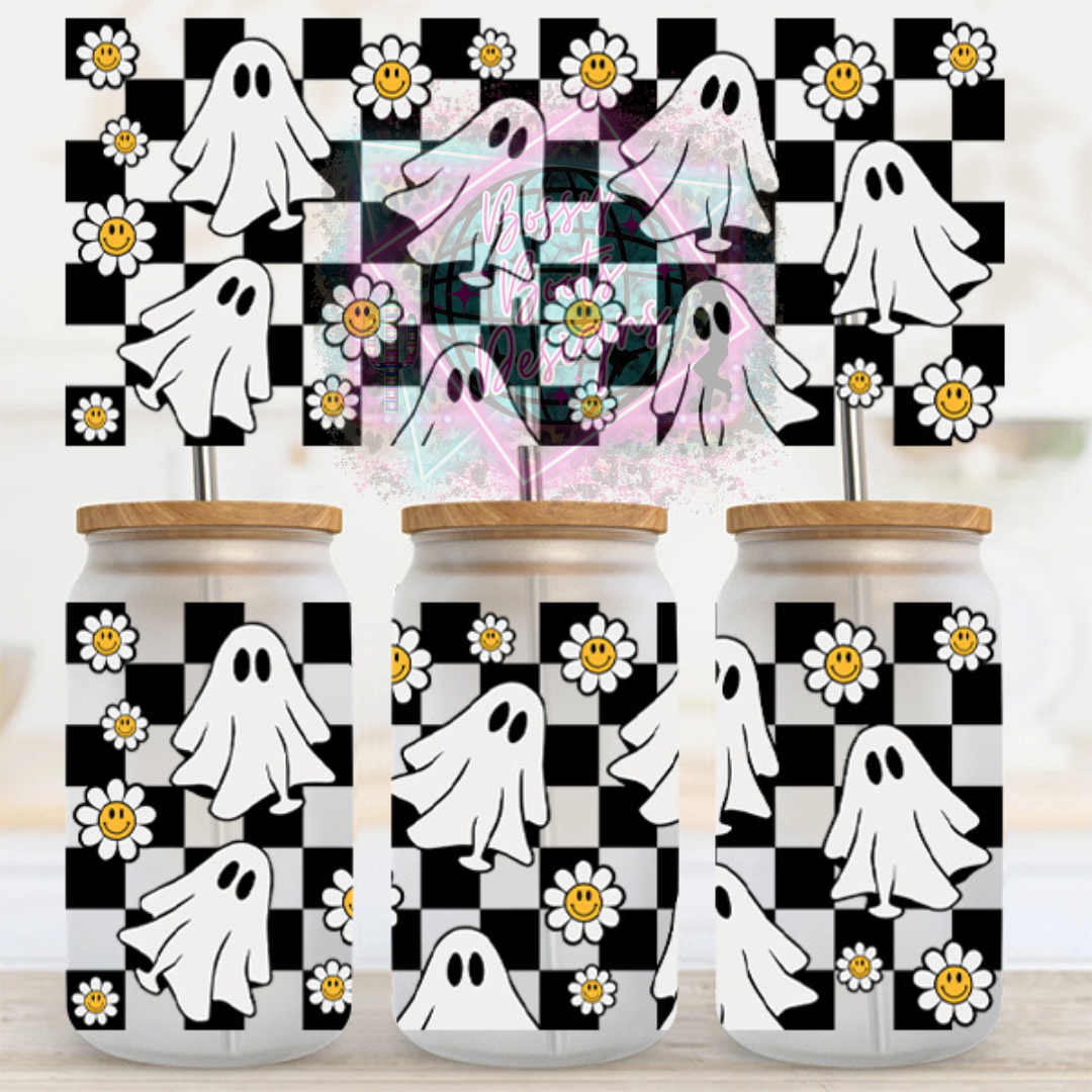 16oz UV DTF Cup Wrap- Checkered Ghosts – BossyBootsDesigns