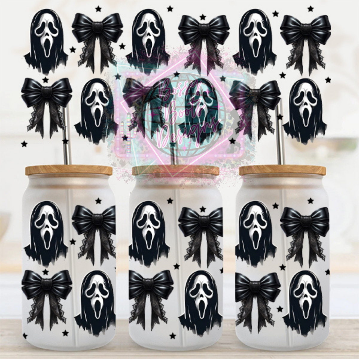 16oz UV DTF Cup Wrap-Ghost Face Bow – BossyBootsDesigns