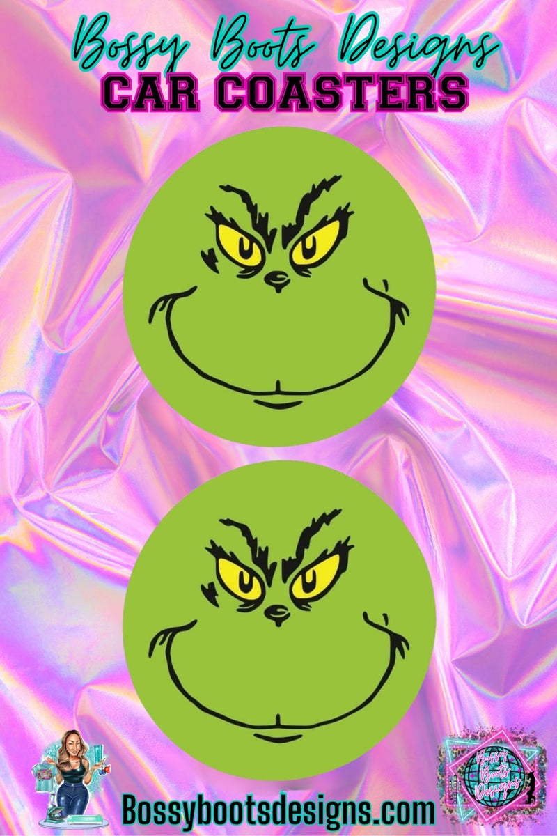 Cartoon Grinch Face Car Coasters – BossyBootsDesigns